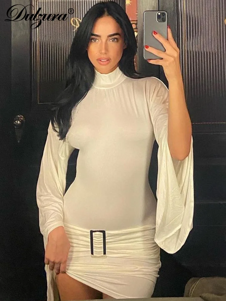 Dulzura-Solid-Pure-Color-Half-Turtleneck-Long-Trumpet-Sleeves-Mini-Dress-Ruched-2023-Autumn-For ...