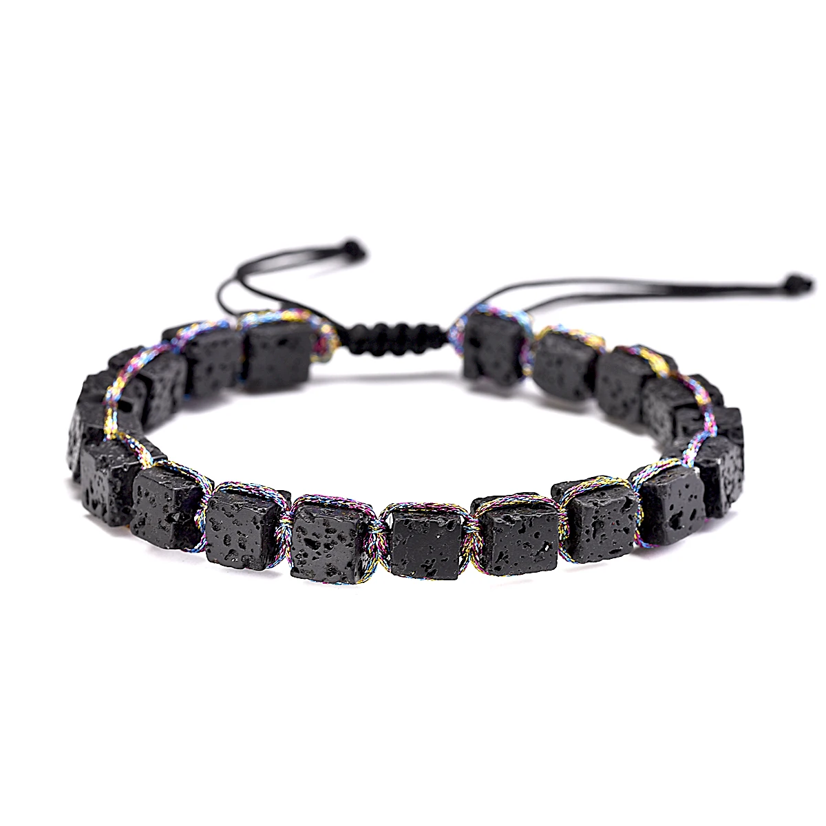 8mm Black Natural Lava Stone Cube Braided Bracelet Colourful Rope Hand ...