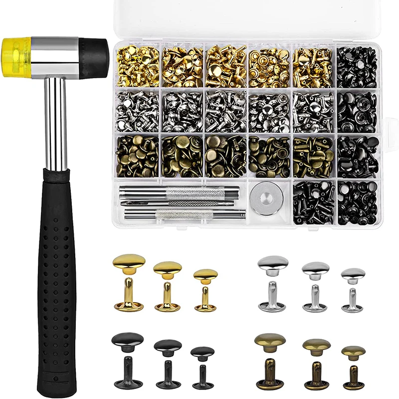 KRABALL 360 Set Leather Rivets Double Cap Rivets Tubular Rubber Hammer Fixing Tool Kit for ...