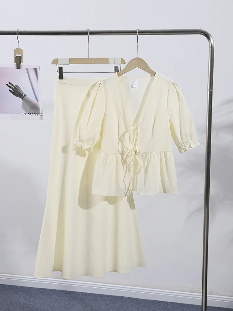 Women's Two Piece Long Skirts Set Puff Sleeve Tie- Front Peplum Top ...