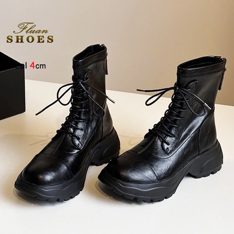Genuine leather Black Short Boots 4CM Thick Sole Spring Autumn British ...