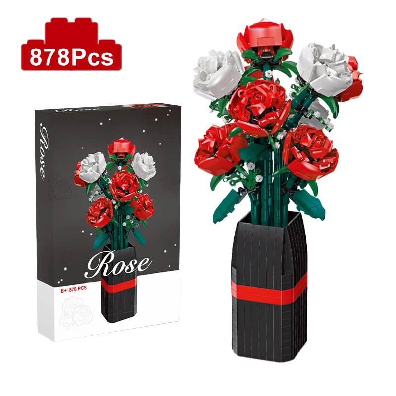 Creative Moc Red Rose Vase Plants Model Building Blocks Romantic ...