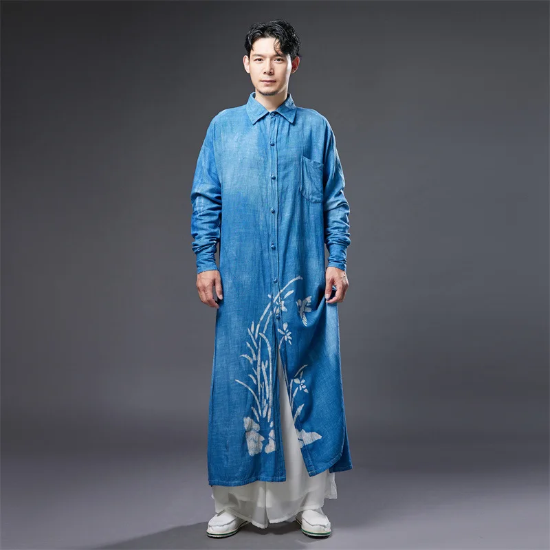 Chinese Traditional Mandarin Gowns Blue Cotton Linen National Oriental ...