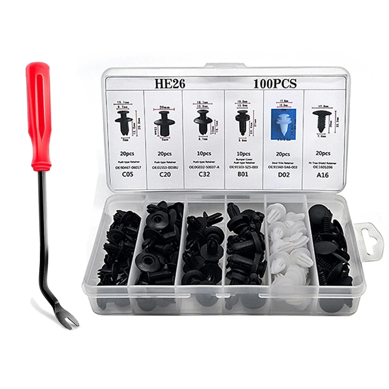100Pc-Plastic-Rivets-Fastener-Fender-Bumper-Push-Clips-W-Removal-Tool ...