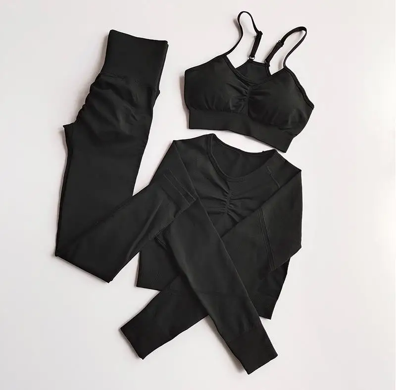 3pc Yoga Set Sport Suit Long Sleeve Crop Top High Waist Leggings ...