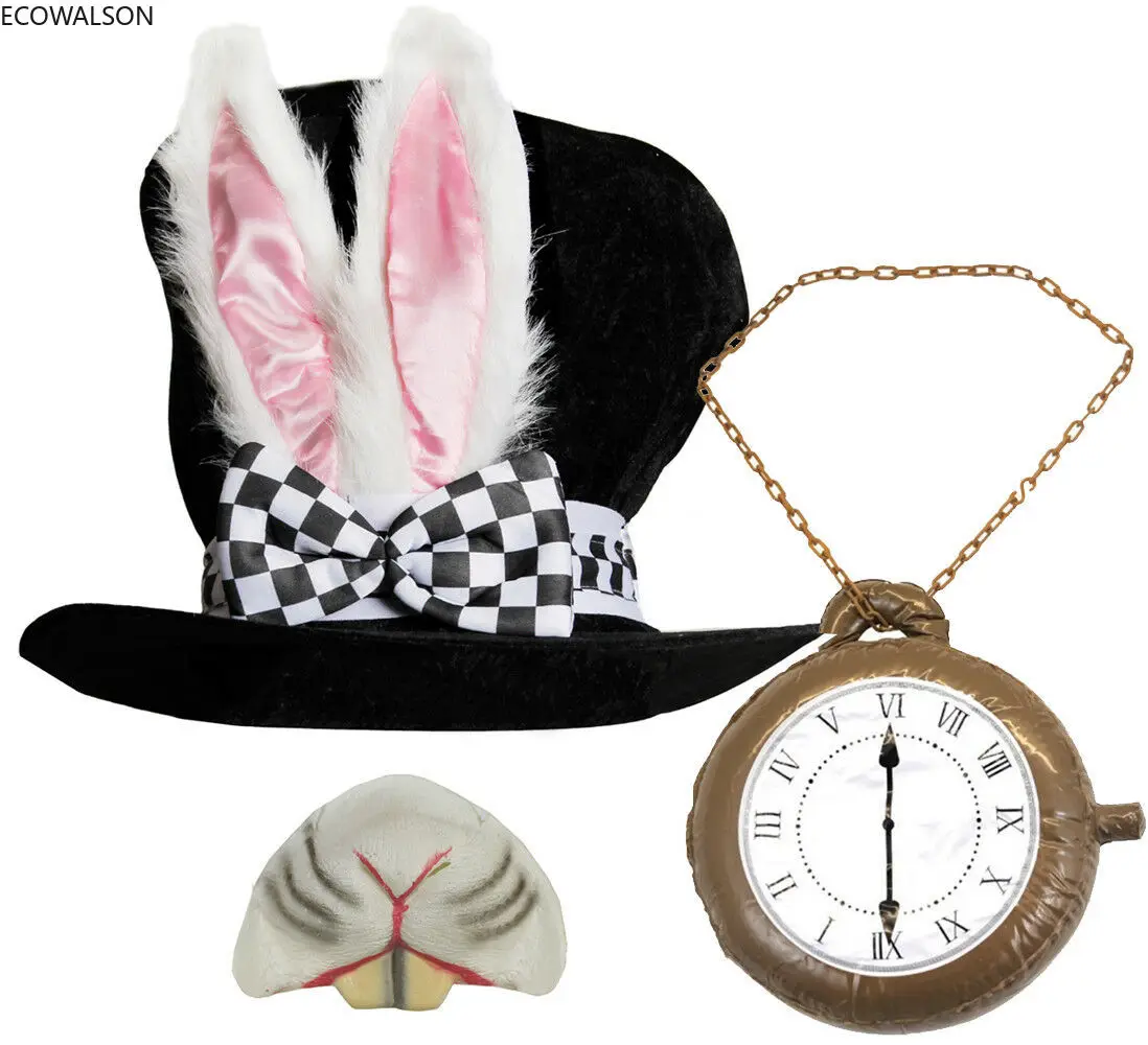 Women Men White Rabbit Cosplay Costume Top Hat Bunny Ears Nose and ...