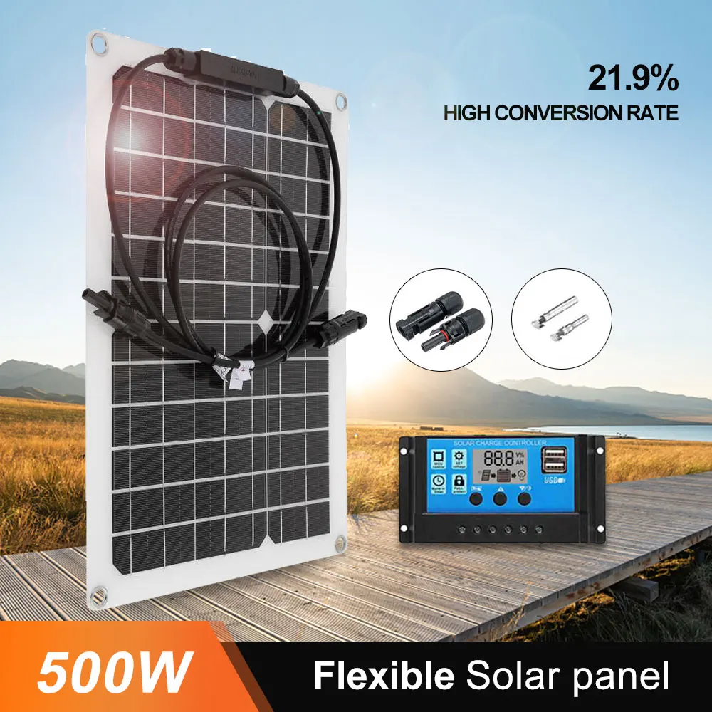 500W Flexible Solar Panel 12V Battery Charger Dual USB With 10A-60A ...