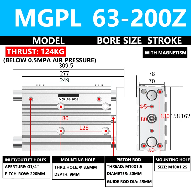 ABILKEEN MGPL Series Pneumatic Compact Guide Cylinder MGPL63-200Z 63MM ...