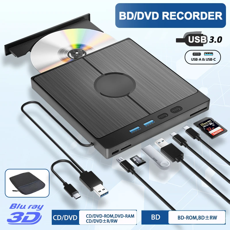 7-in-1 External Blu ray Optical Drive Portable Bluray Player CD DVD ...