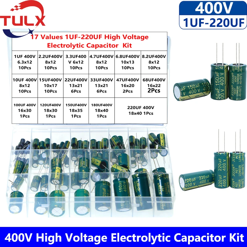 102Pcs-Box-17-Values-400V-High-Voltage-Aluminum-Electrolytic-Capacitor ...