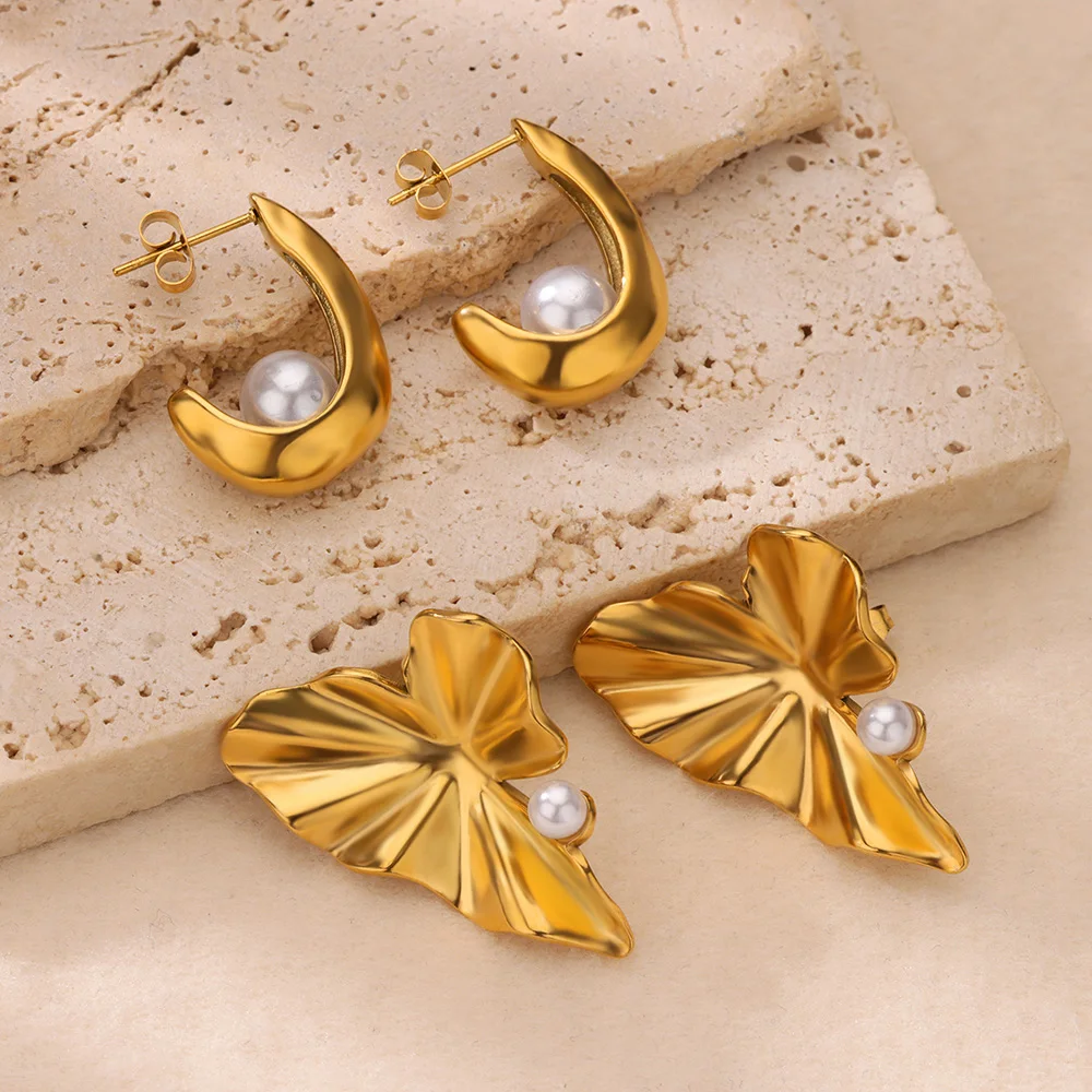 Vintage-Semicircle-Pearl-Earrings-For-Women-Gold-Color-Stainless-Steel ...