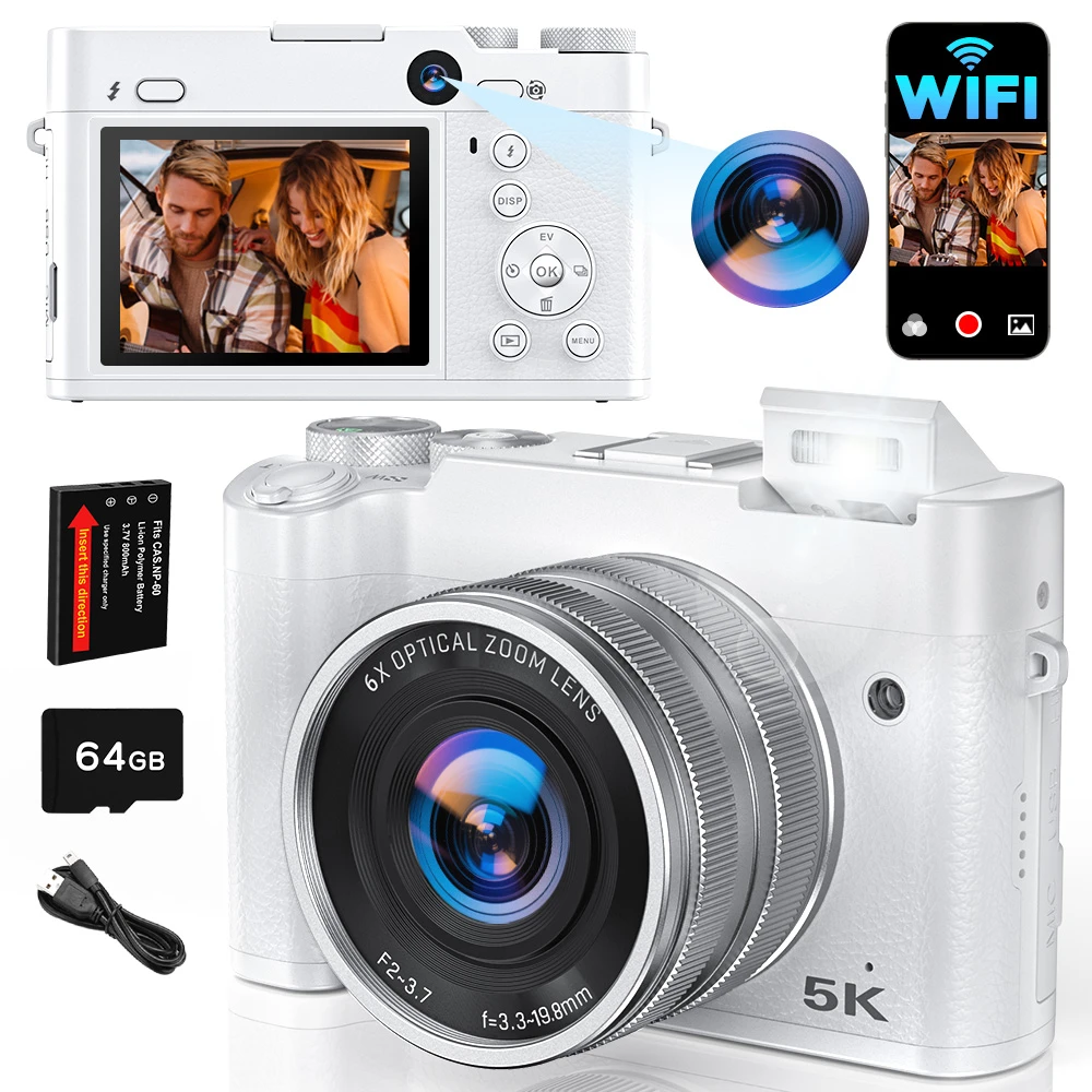 5K 64MP WiFi Digital Camera, 6X Optical Zoom, 30FPS Vlogging Camera ...