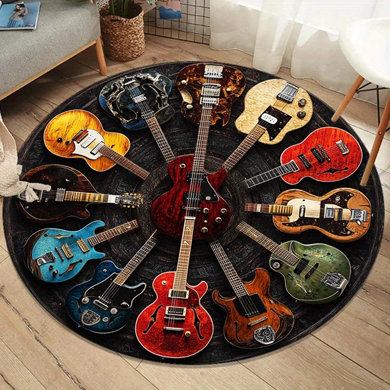 Retro Colorful Guitar Round Rug – Non-Slip Washable Mat for Living Room ...