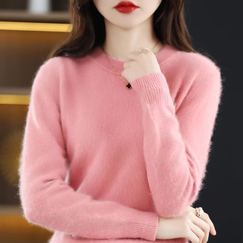 100 퓨어 밍크 캐시미어 스웨터 크루넥 캐주얼 솔리드 니트웨어 풀 여성 상의 기본 루즈 풀오버 울 블라우스 가을 겨울