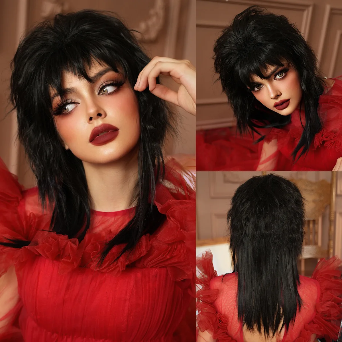 Black Fluffy Wolf Tail Bangs Long Straight Hair Synthetic Wig | For ...
