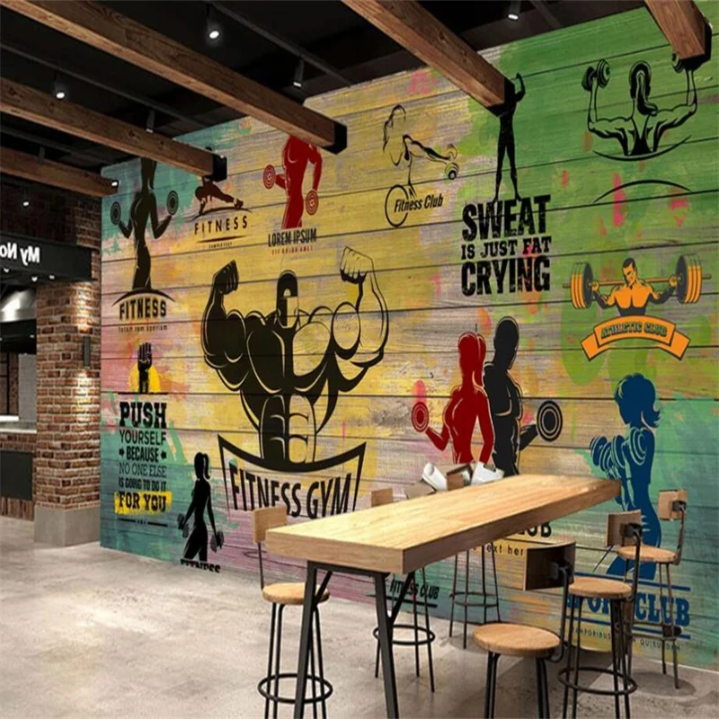 Retro-Nostalgic-Graffiti-Sports-Fitness-Club-Wood-Board-Wall-Paper-3D ...