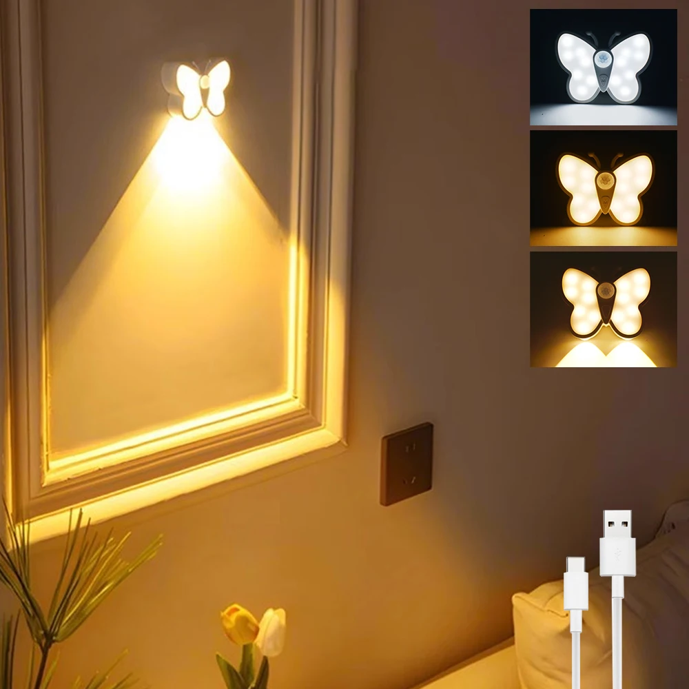 Acrylic Butterfly Motion Sensor Night Light USB Rechargeable Dimmable ...