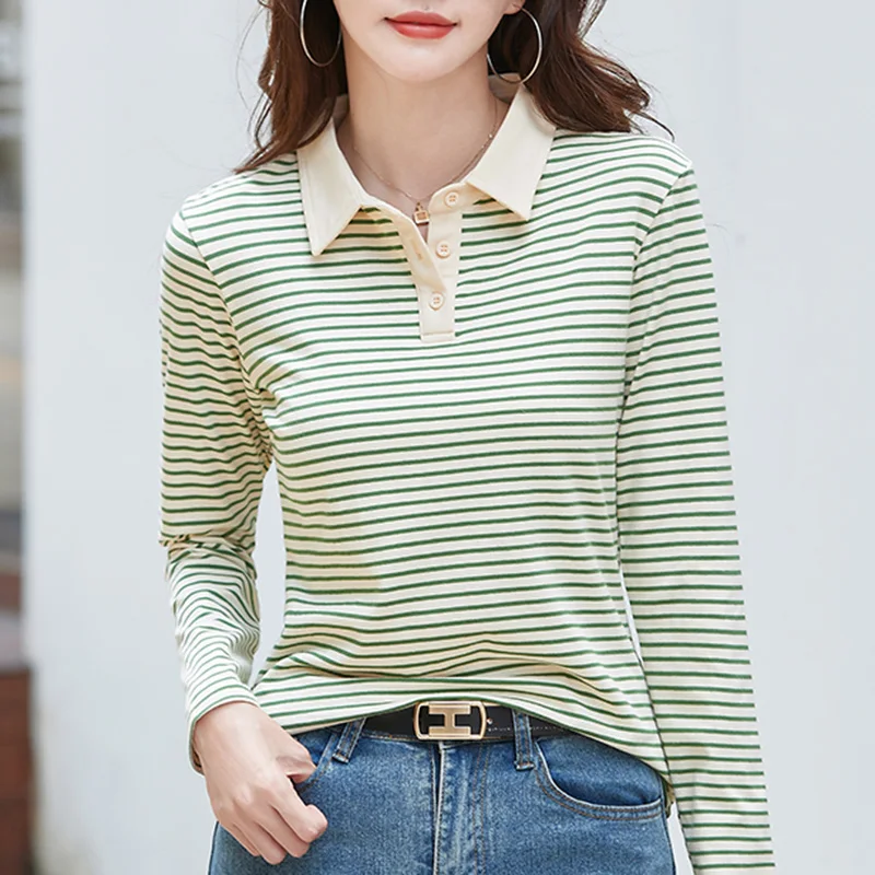 Korean-Style-Long-Sleeve-Polo-Shirt-Women-Cotton-Stretch-Fashion-Autumn ...