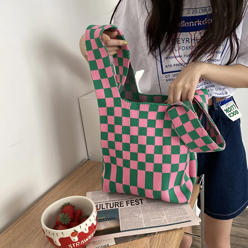 Knitted-Plaid-Bag-Handmade-Woven-Tote-Checkerboard-Checker-Clash-Colour ...