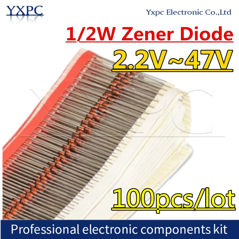 100PCS 1/2W Zener Diode 0.5W 2.2V~47V 3V 3.3V 4.7V 5.1V 6.8V 9.1V 12V 16V 18V 22V 27V 33V 36V ...