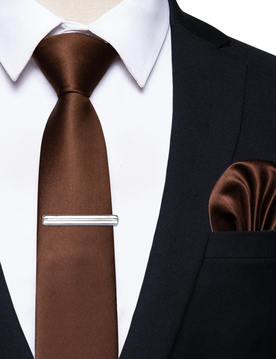Retro-Brown-Solid-Silk-Necktie-Pocket-Square-Clip-for-Man-Accessories ...