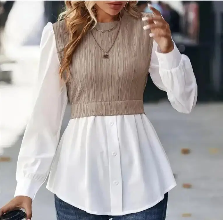 Patchwork-Fake-Shirts-For-Women-Casual-O-neck-Puff-Sleeve-Wave-Blouse ...