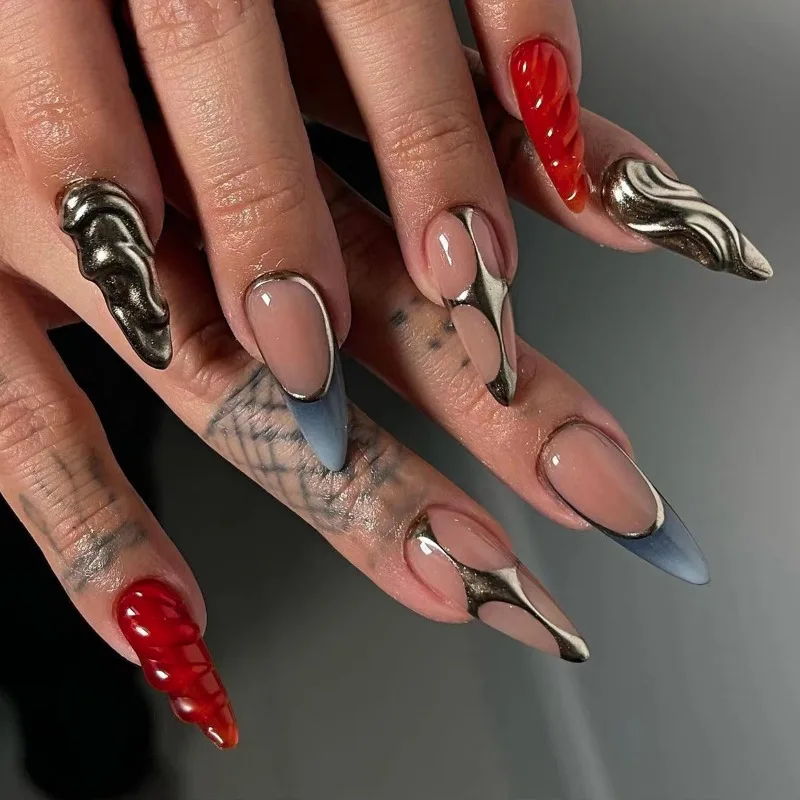 French-Long-Style-Pointed-Semi-Handmade-Metal-Fake-Nails-in-Red-Solid ...