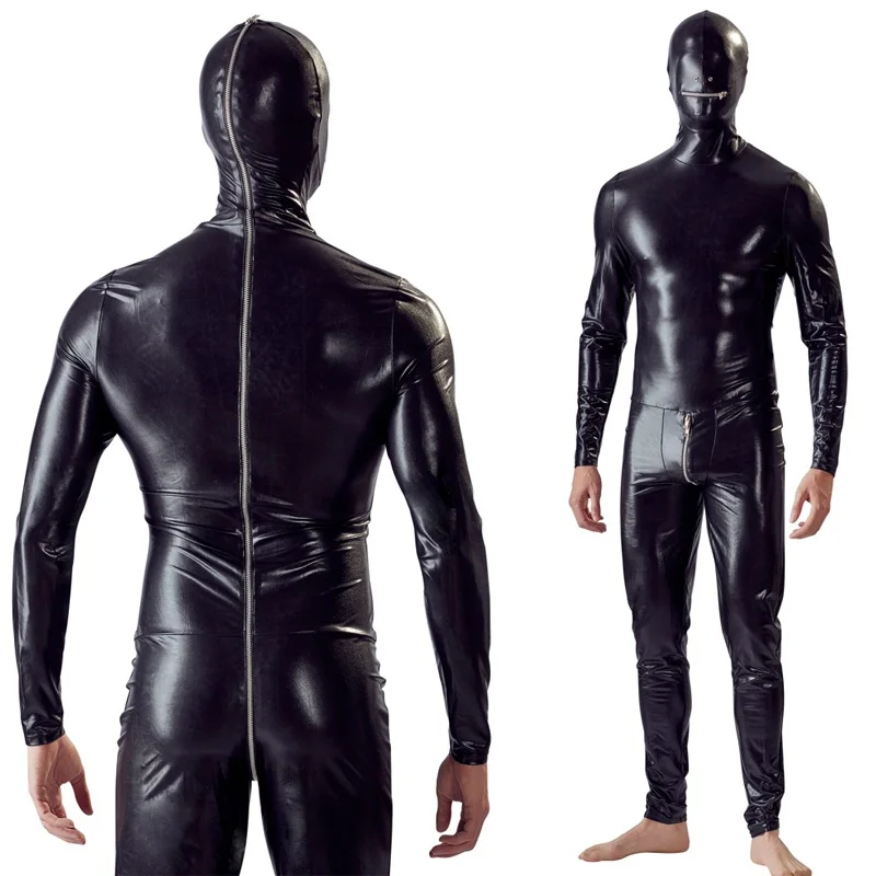 Black Full Body Leather Rubber Suit With Mask Bdsm Zentai Suits For Men Tight Jumpsuit Catsuits ...