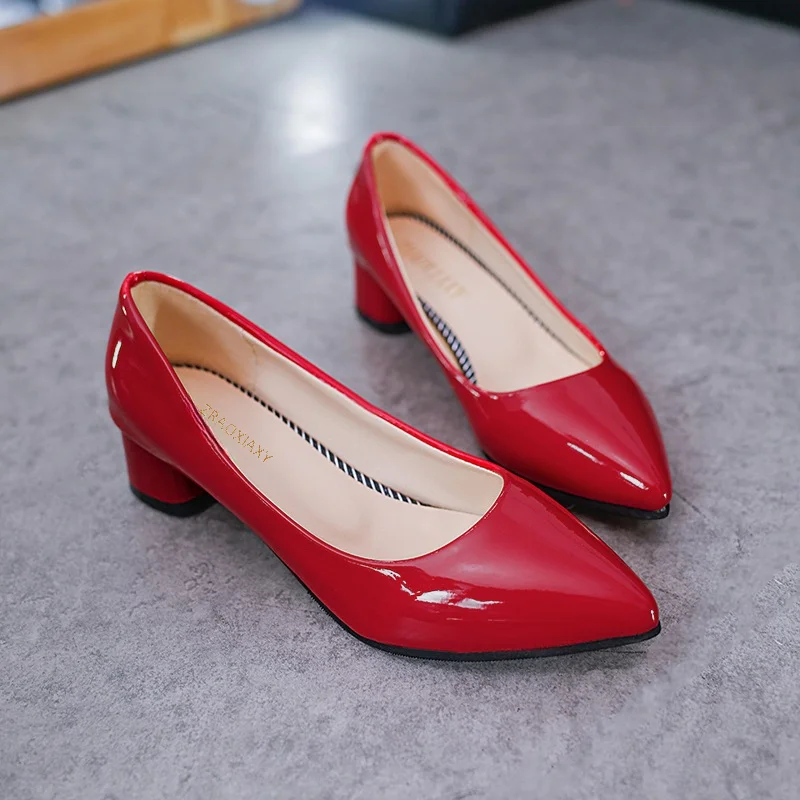 Patent-Leather-Pointed-Toe-Work-Shoes-Women-s-Low-Heel-High-Heel-Red ...