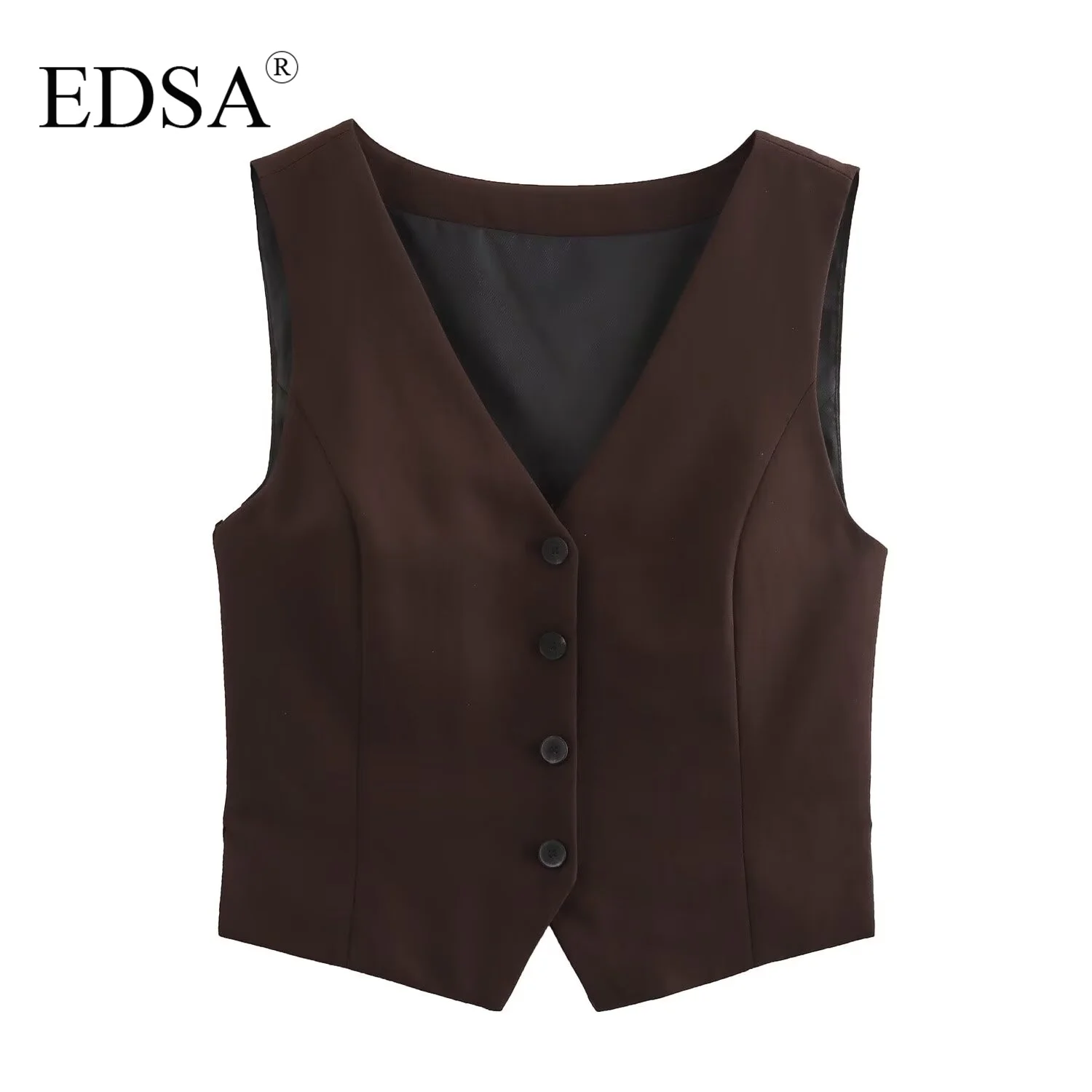 EDSA-Women-Brown-Waistcoat-with-Side-Vents-Single-Breasted-Sleeveless-V ...