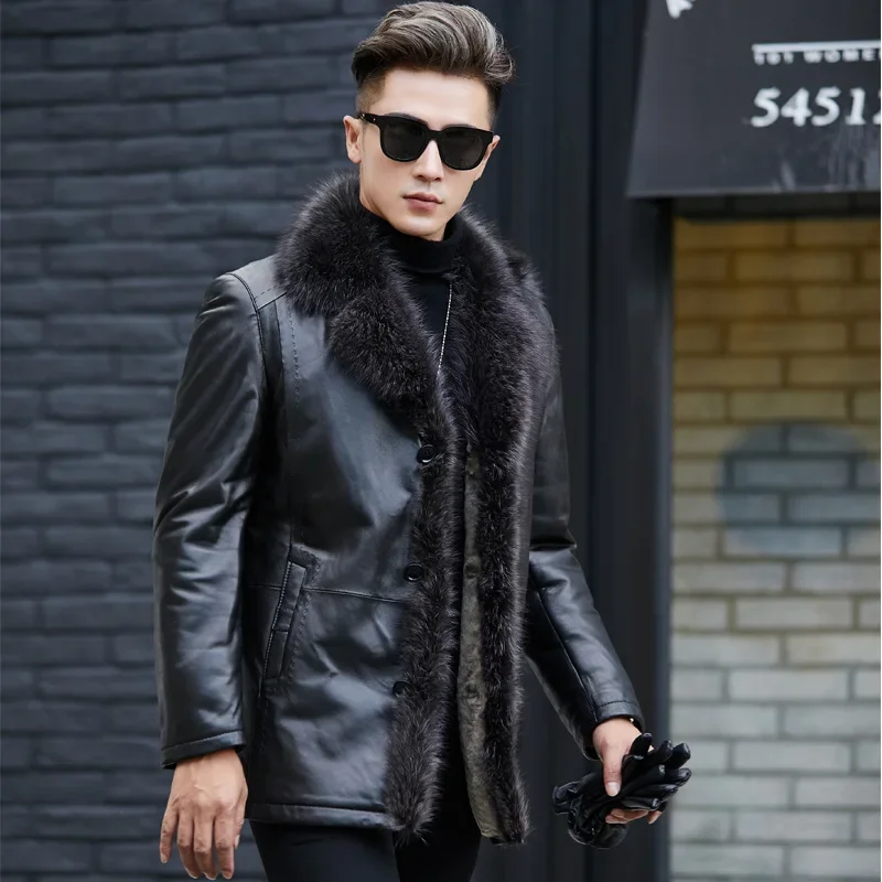 Men-Leather-Coat-Raccoon-Fur-Collar-Mid-length-Thickened-Fur-Integrated ...