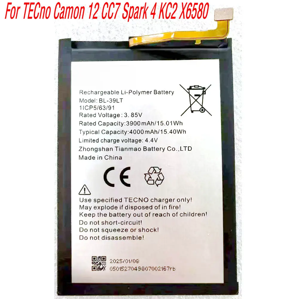 New BL-39LT High Capacity Battery For TECno Camon 12 CC7 Spark 4 KC2 ...