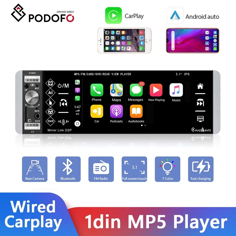 Podofo 1din MP5 Speler Touch Auto Radio Fm 4 USB 5.1 Inch Ondersteuning ...