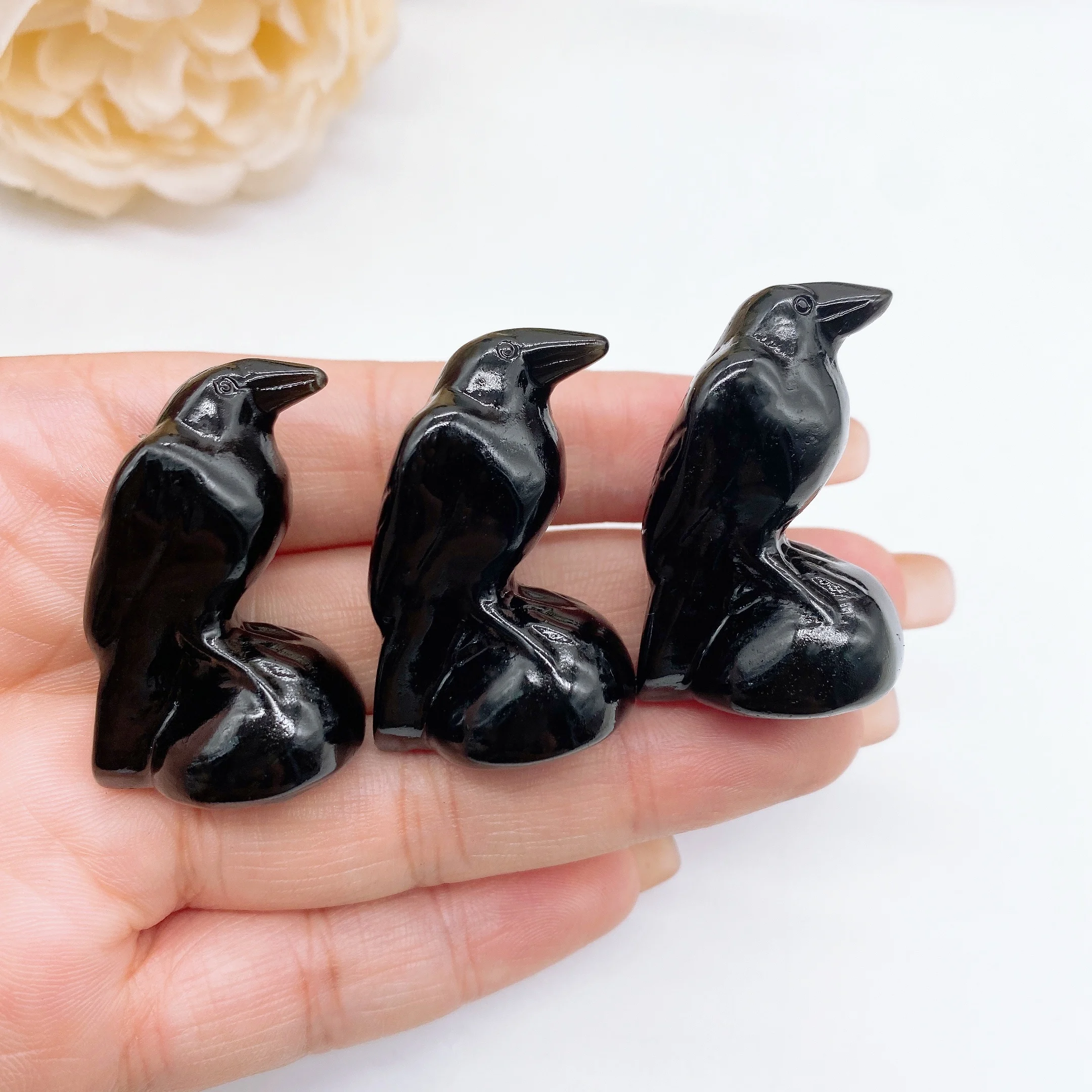1.3''Raven Statue Natural Obsidian Stone Crow Sculpture Healing Crystal ...