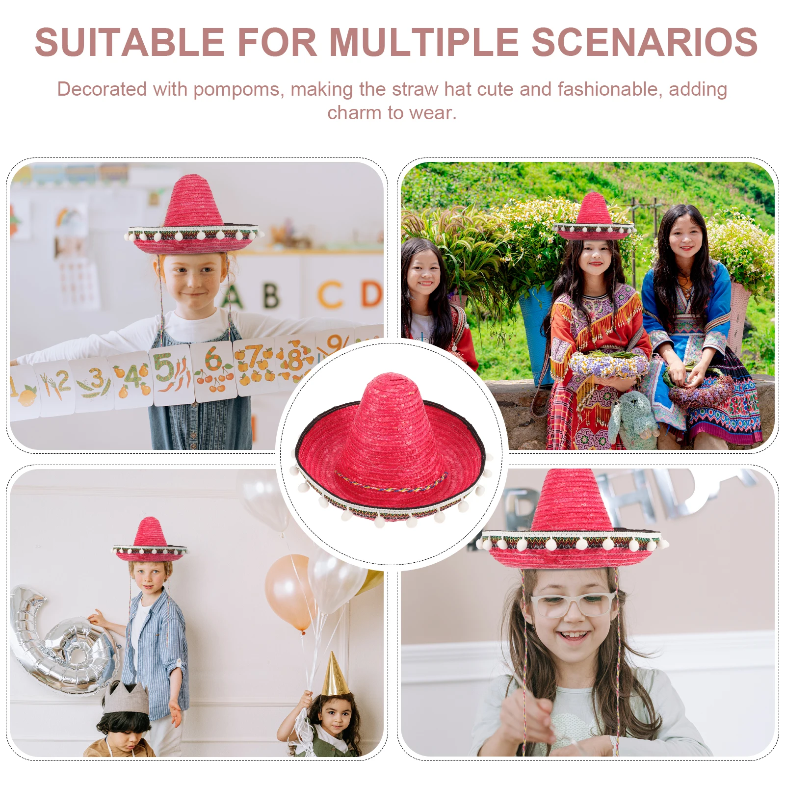 Mexican Straw Hat Pompoms for Children Performance Dance Party Props ...