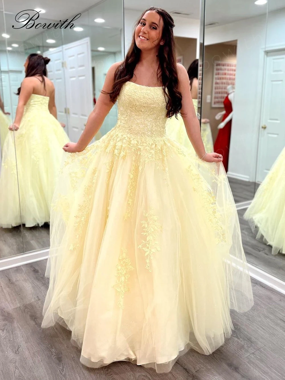 Bowith-Yellow-Elegant-Dresses-for-Women-Applique-Prom-Dresses-Lace ...