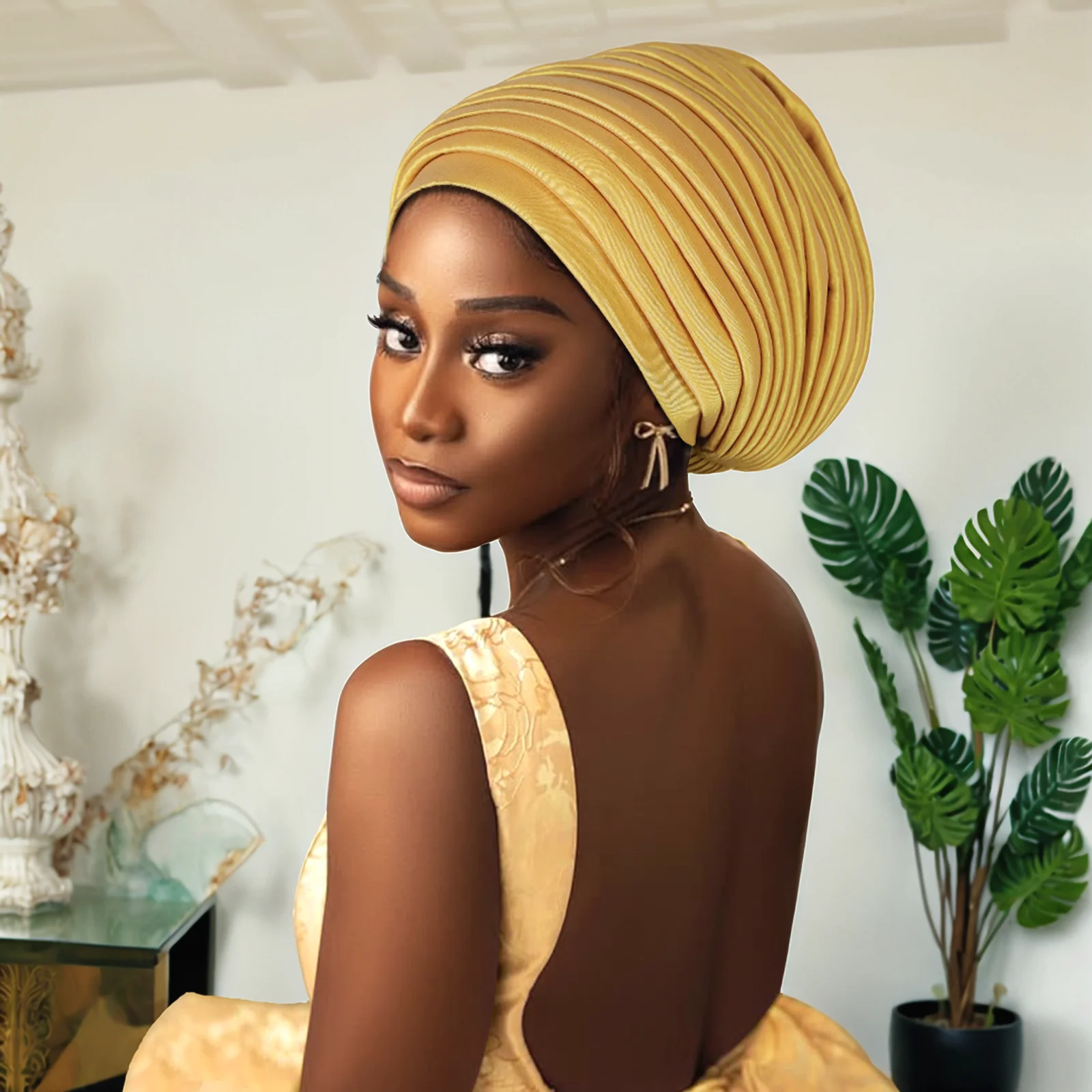 New Raw Silk Pleated Turban Cap for Women African Female Head Wraps ...