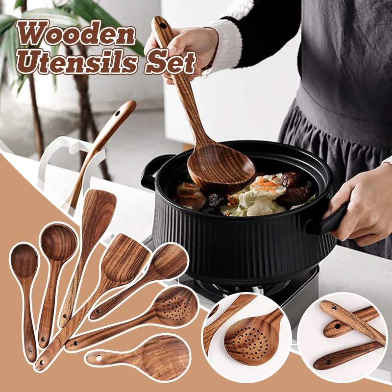 7PCS-Durable-Wooden-Utensils-Set-Home-Kitchen-Natural-Cooking-Spoons ...