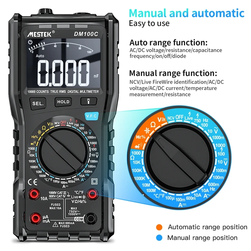 Mestek Dm100c Digital Multimeter 10000 Count Auto Range Analog Bar ...