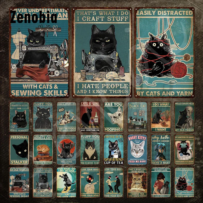 Black-Cat-Metal-Sign-Cat-On-Sewing-Machine-Funny-Vintage-Tin-Sign-Plate ...