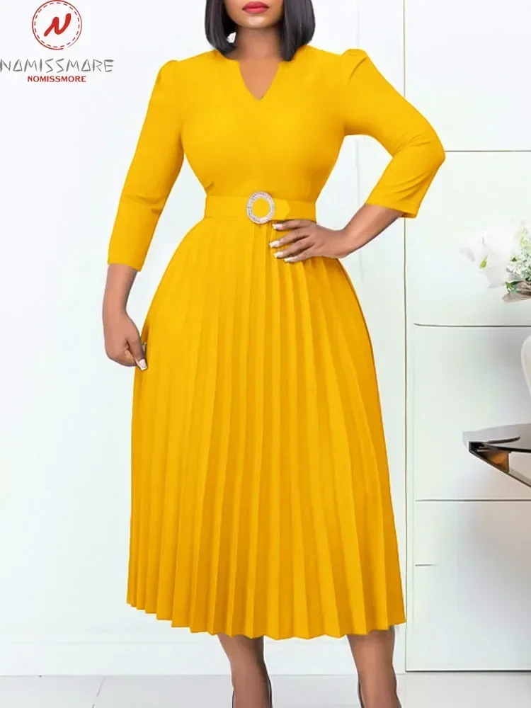 Elegant-Office-Lady-Solid-Color-A-Line-Dress-Belt-Decor-V-Neck-Three ...