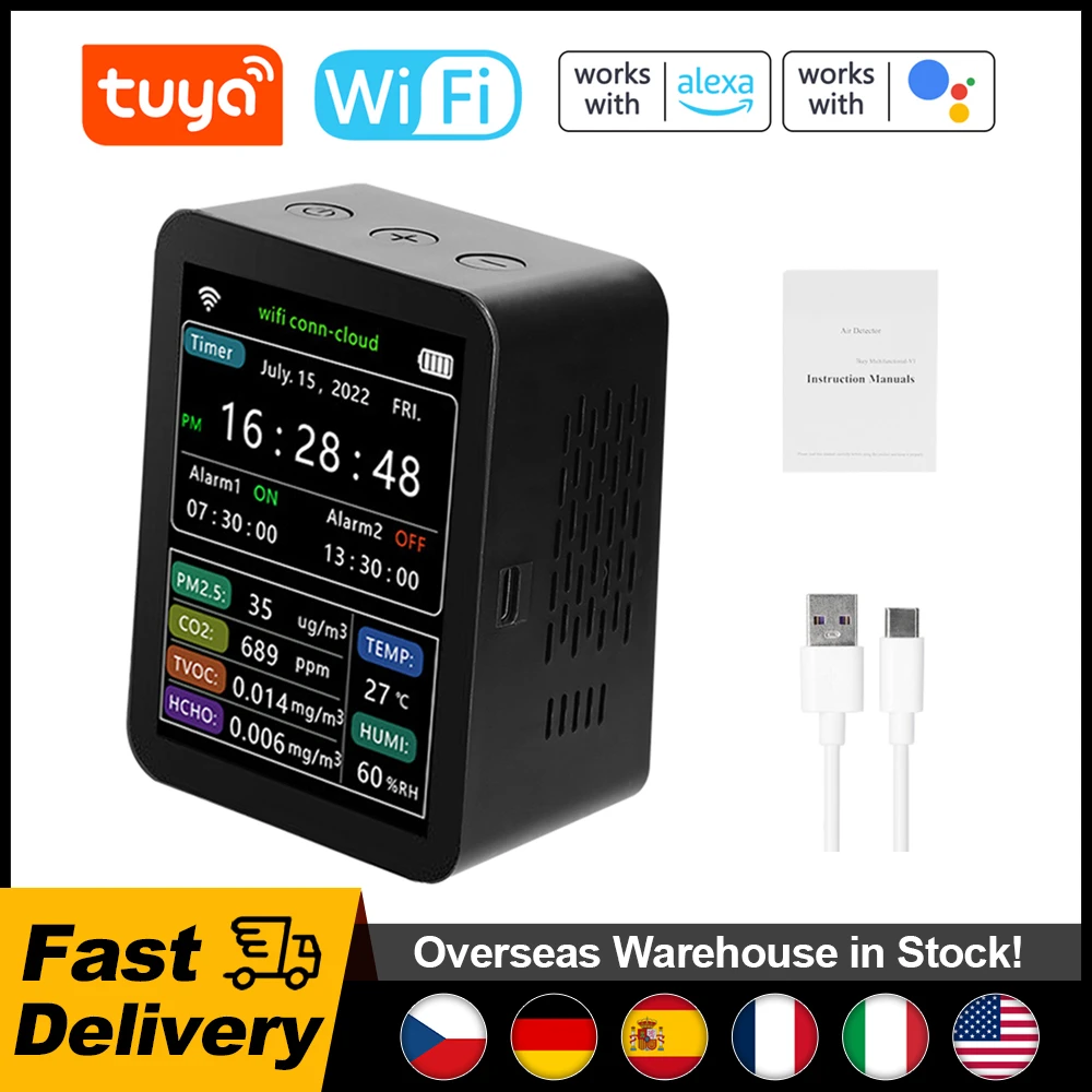 Tuya WiFi Intelligent Air Quality Detector PM2.5 CO2 TVOC HCHO Temperature Humidity 6 In 1 CO2 ...