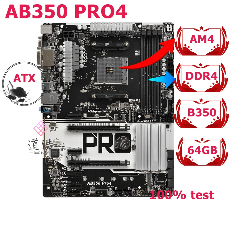 For-Asrock-AB350-Pro4-Motherboard-64GB-M-2-SATA-III-DDR4-ATX-B350 ...