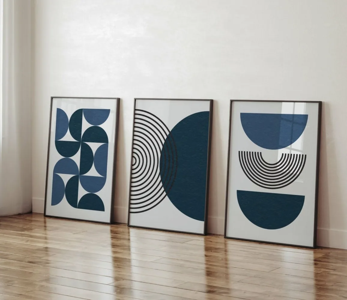 Navy Blue Mid Century,Modern Wall Art Set of 3,Bohemian Botanical ...