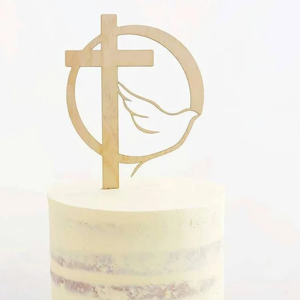 Dove & Cross Religious Cake Topper God Bless Wooden Christening Baptism ...