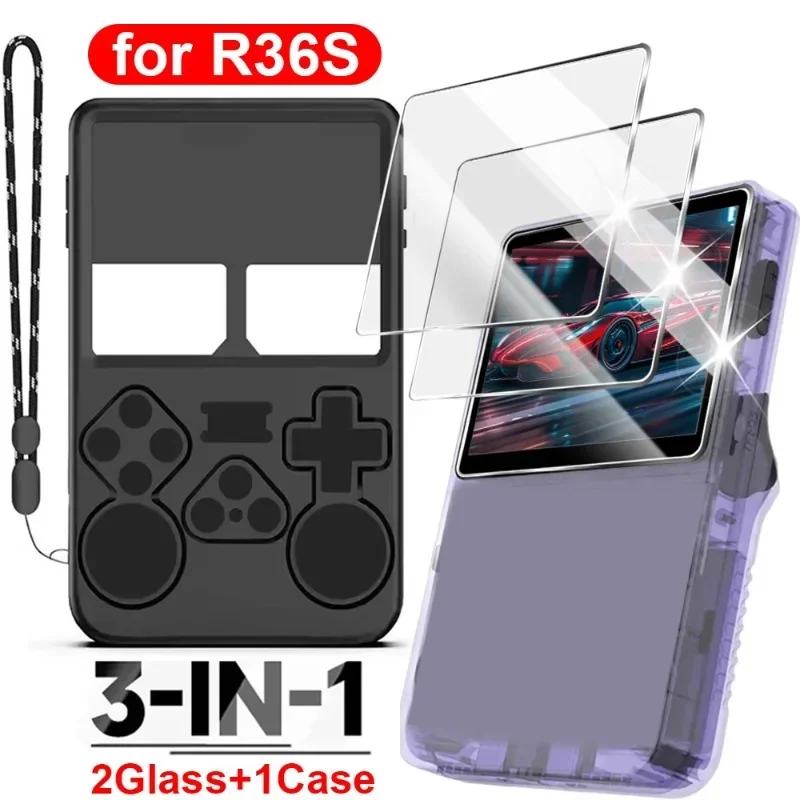 3 IN 1 Case+Glass for R36S Game Console Soft Silicone Anti-Scratch Case ...