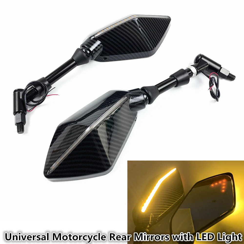 Universal 10mm Motocicleta Com Luz Led Espelho Retrovisor Espelhos
