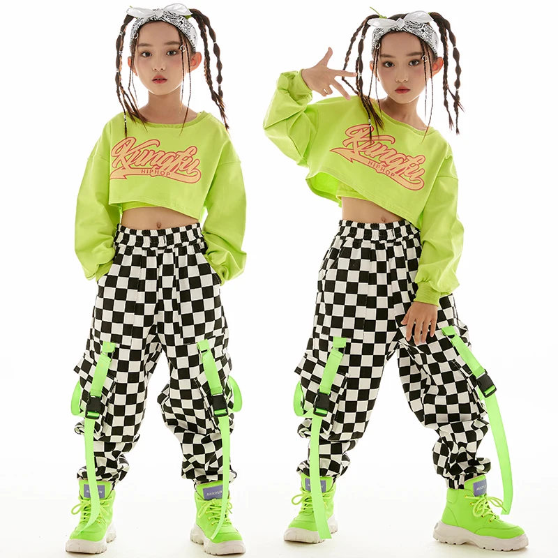New Hip Hop Dance Costume Girls Cropped Green Tops Checkered Cargo ...