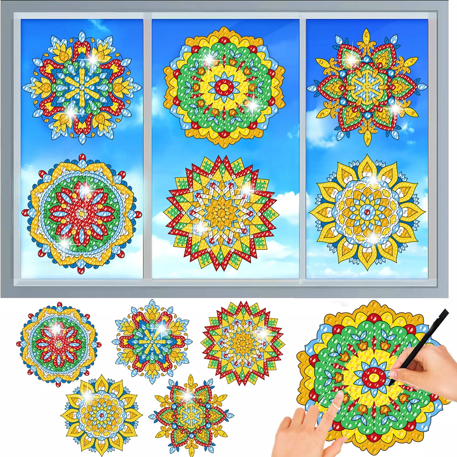 DIY-Diamond-Art-Kits-Stained-Glass-Window-Clings-6-Pcs-Mandala-Window ...