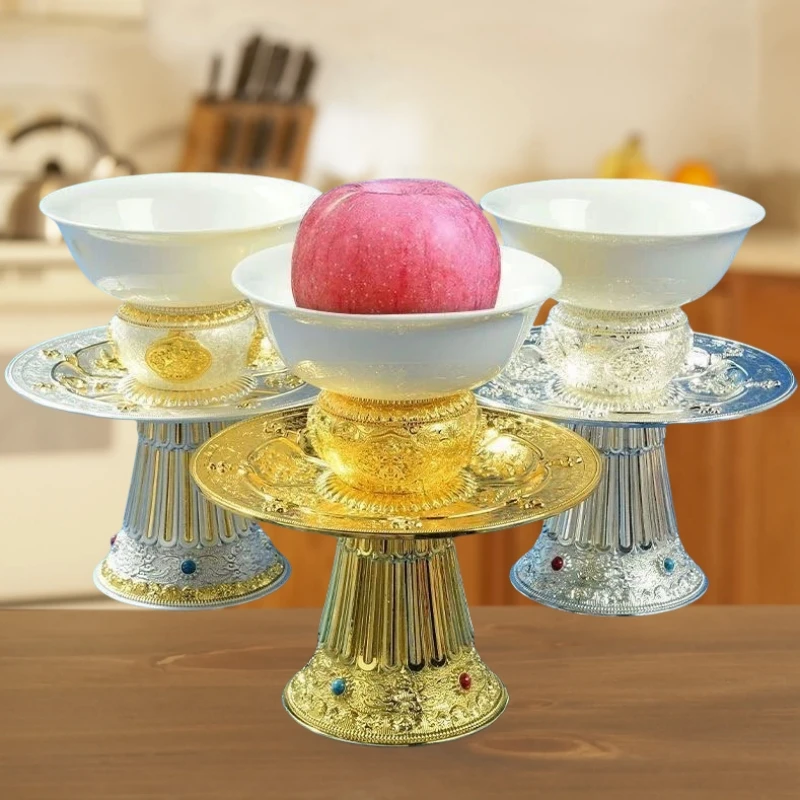 Buddhist Alloy Tall Tray, Tantric White Porcelain Holy Water Cup ...